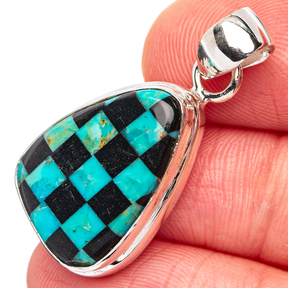 Rare Kingman Turquoise Black Onyx Pendant 1 1/4" (.925 Sterling Silver ...