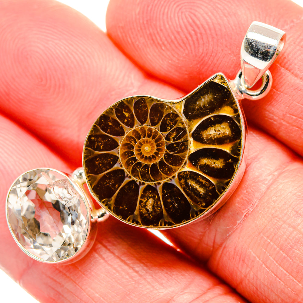 Ammonite Fossil, White Quartz Pendant 1 3/4" (925 Sterling Silver ...