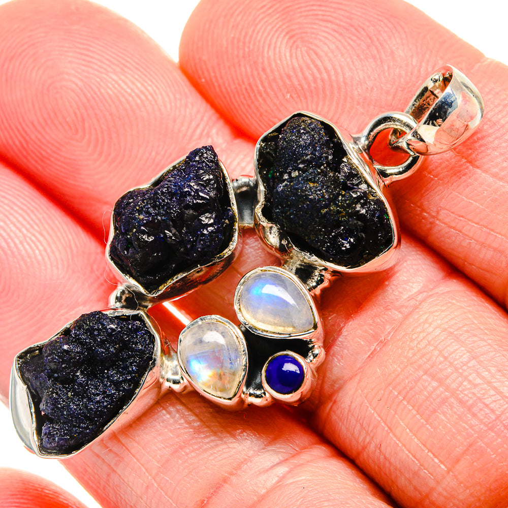 Rough Azurite, Rainbow Moonstone, Lapis Lazuli Pendant 2" (925 Sterlin ...