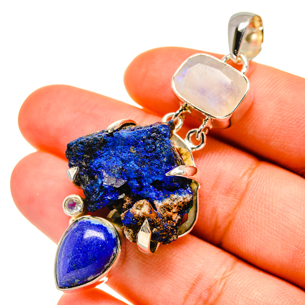 Rough Azurite, Rainbow Moonstone, Lapis Lazuli Pendant 2 1/2" (925 Ste ...